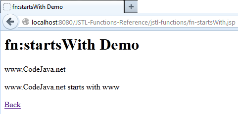 JSTL Function fn:startsWith Example